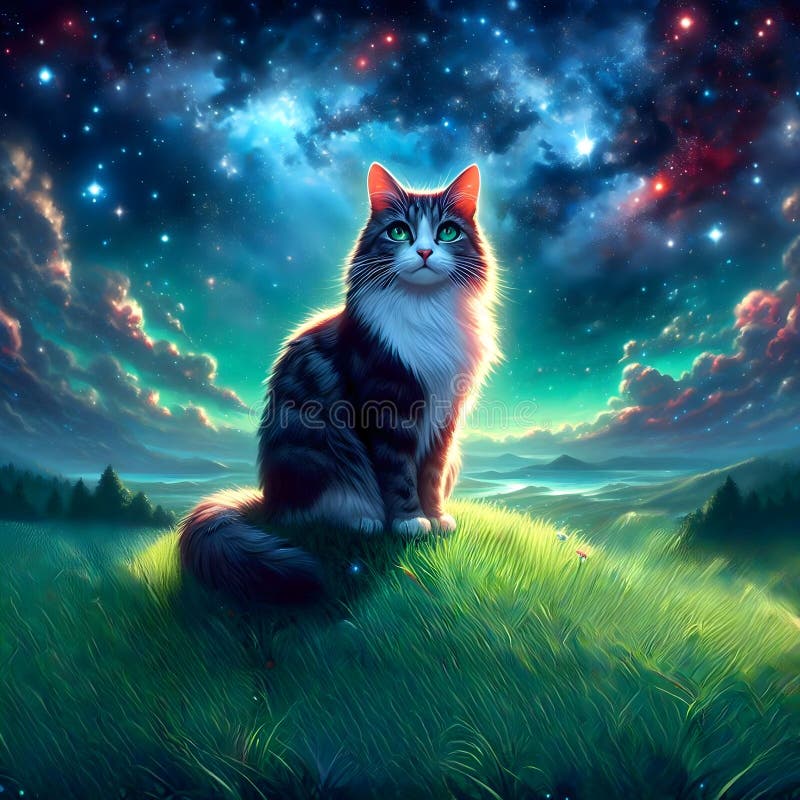 A Cat with a Starry Sky and Clouds in the Background. Stock Image ...