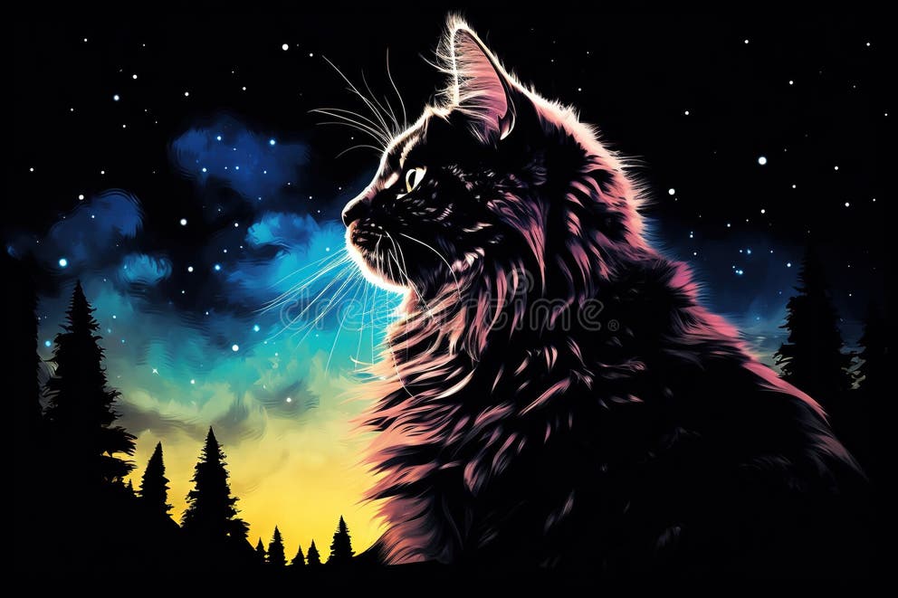 Cat and Stars at Night. Generative AI Stock Illustration - Illustration ...