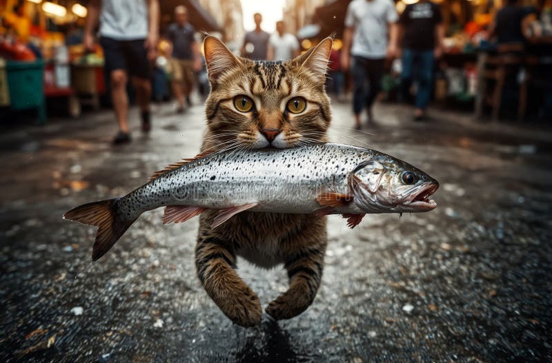 A Cat Stealing Fish. stock illustration. Illustration of hungry - 317707073