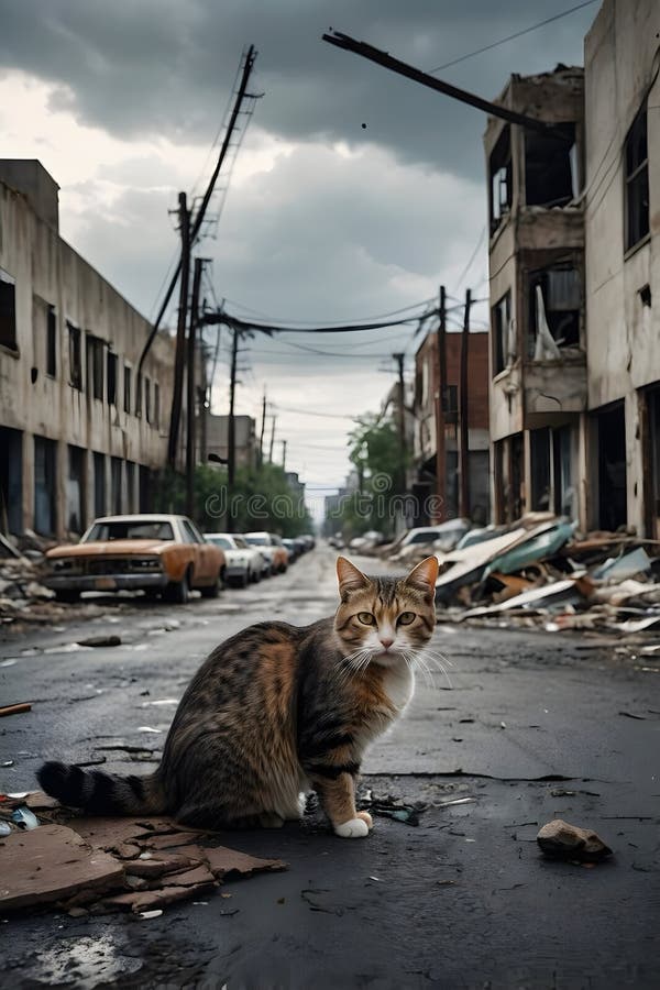 A Cat in a Street of a Destroyed City Stock Photo - Image of abandon ...