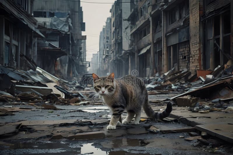 A Cat in a Street of a Destroyed City Stock Photo - Image of alone ...