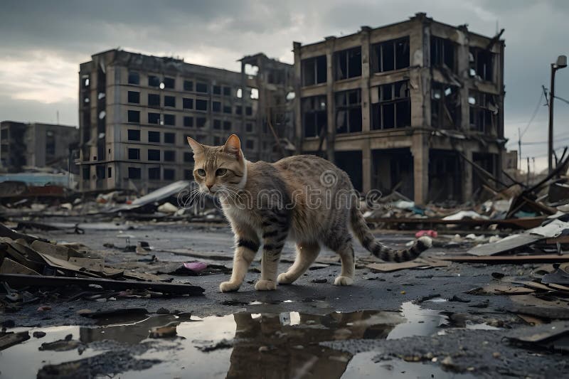 A Cat in a Street of a Destroyed City Stock Image - Image of city ...