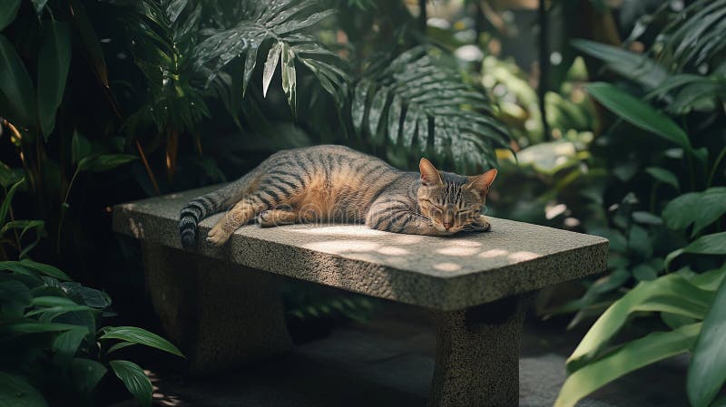 A Cat Stretching on a Smooth Stone Bench Surrounded by Soft Greenery ...