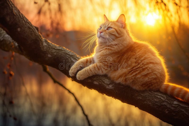 Cat Stretching on a Tree Branch during Sunrise Stock Illustration ...