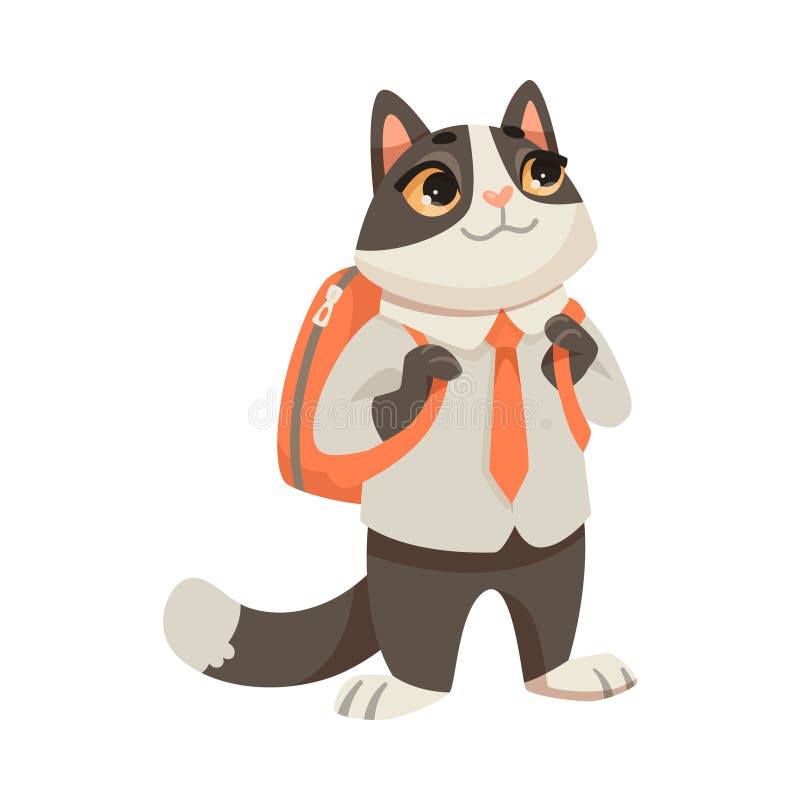 Cat Student Standing with Backpack Studying at School Vector ...