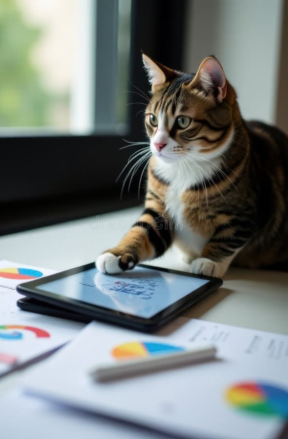 Cat Studying Charts and Touching Tablet Screen with Paw Stock Image ...