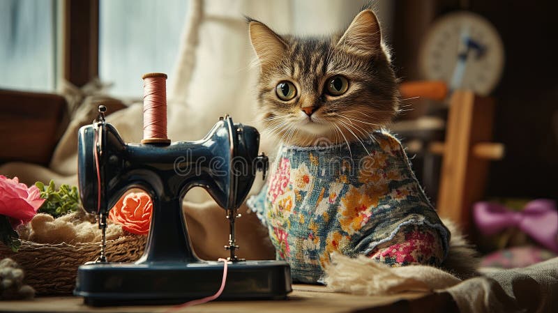 A Cat Styled As a Seamstress with a Spool of Thread and a Tiny Sewing ...