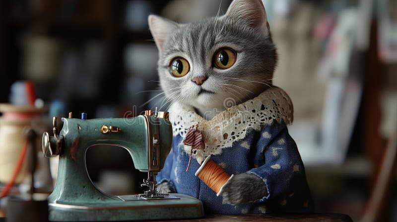 A Cat Styled As a Seamstress with a Spool of Thread and a Tiny Sewing ...