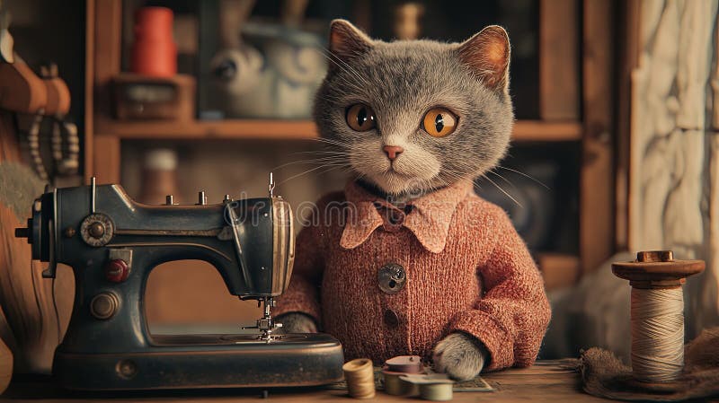A Cat Styled As a Seamstress with a Spool of Thread and a Tiny Sewing ...