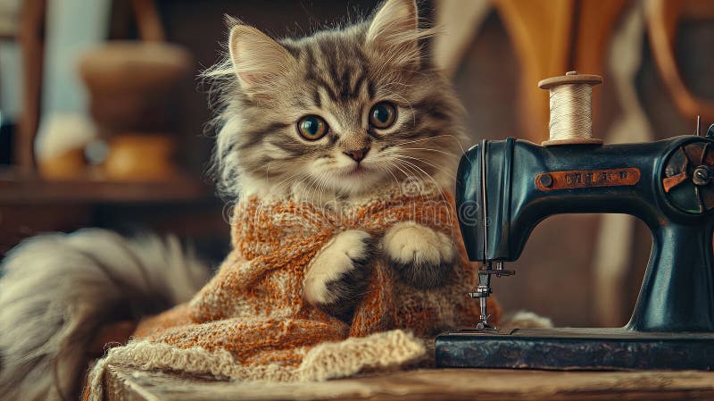 A Cat Styled As a Seamstress with a Spool of Thread and a Tiny Sewing ...