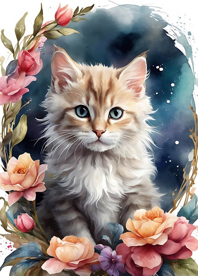 A Cat Suffering from Toothache, a Cat with a Flower, Cat Illustration ...
