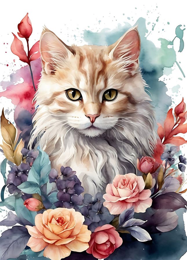 A Cat Suffering from Toothache, a Cat with a Flower, Cat Illustration ...