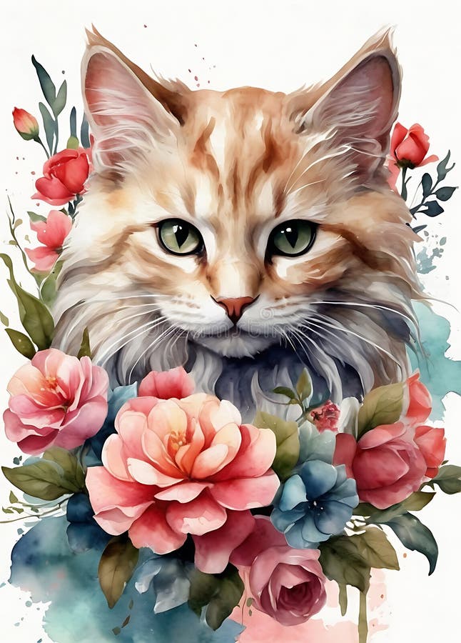 A Cat Suffering from Toothache, a Cat with a Flower, Cat Illustration ...