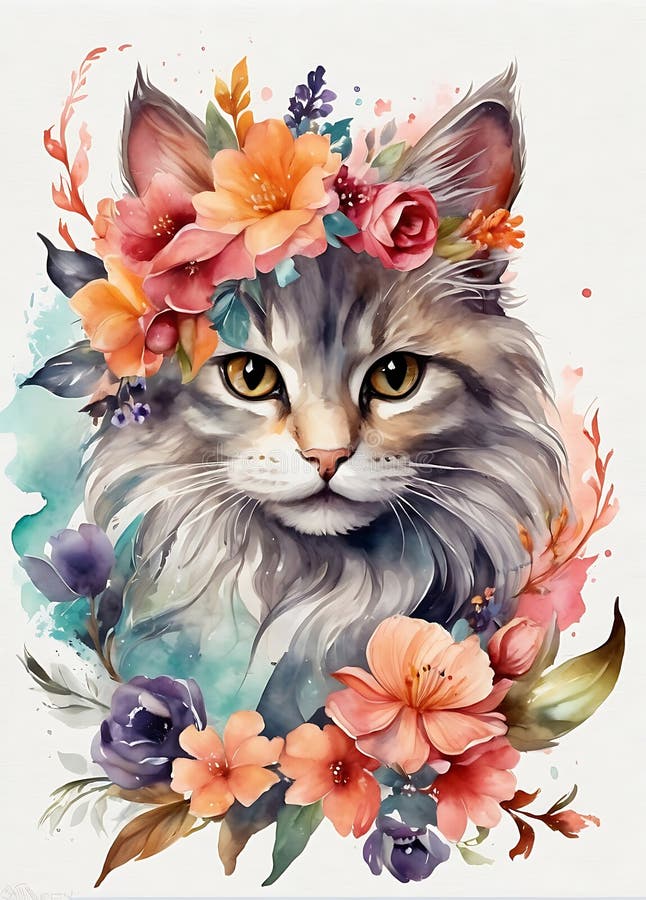 A Cat Suffering from Toothache, a Cat with a Flower, Cat Illustration ...