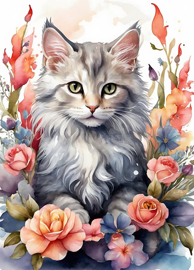 A Cat Suffering from Toothache, a Cat with a Flower, Cat Illustration ...