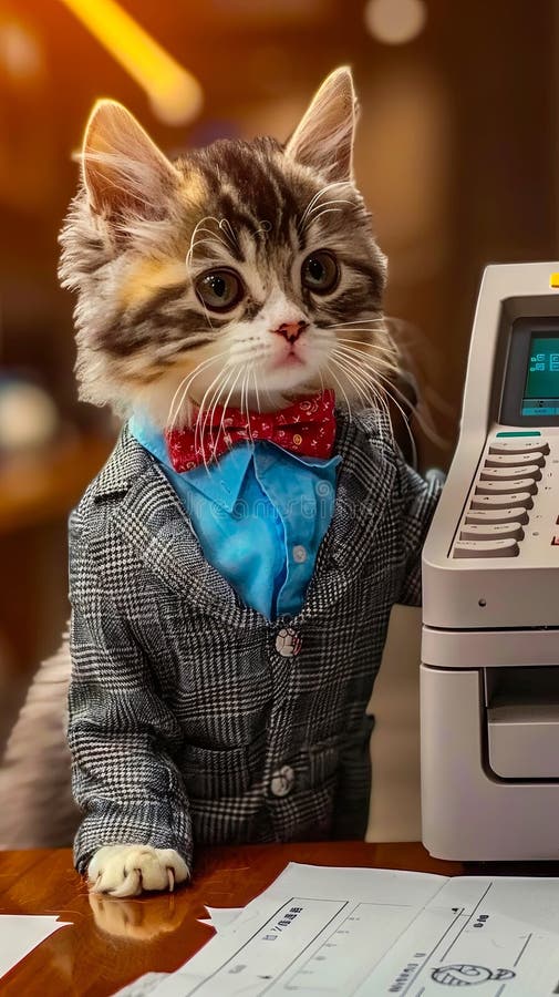 A Cat in a Suit and Tie Standing Next To a Cash Register Stock Photo ...