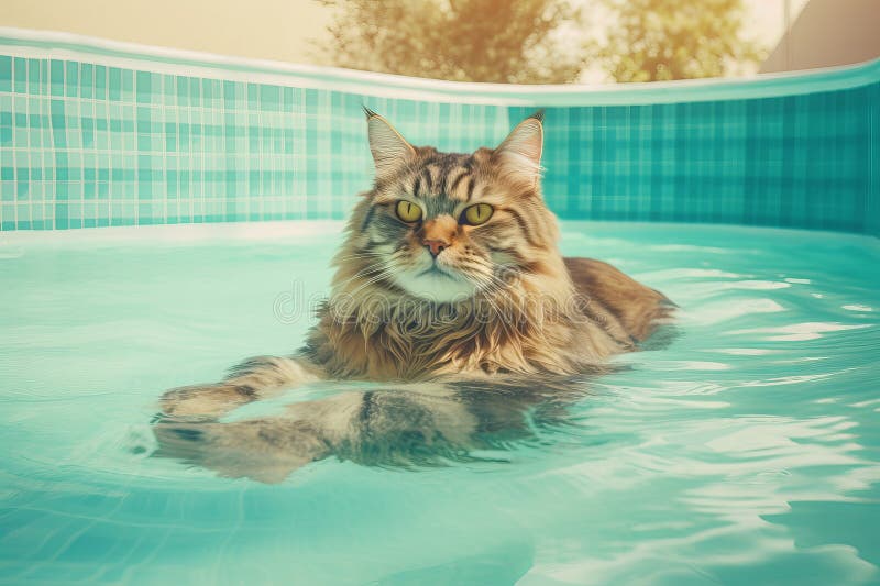 Cat Summer Swimming Pool Relax. Generate Ai Stock Photo - Image of ...