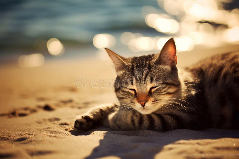 The Cat is Sunbathing on the Beach. Stock Illustration - Illustration ...