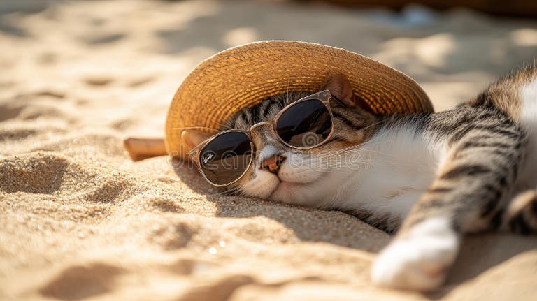 Cat Sunbathing on the Beach. Selective Focus Stock Photo - Image of ...