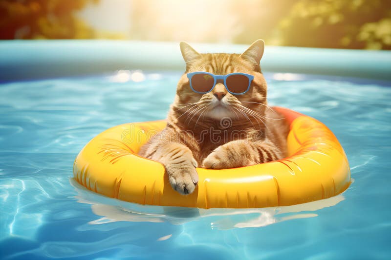 A Cat in Sunglasses on an Inflatable Swimming Ring in the Pool ...