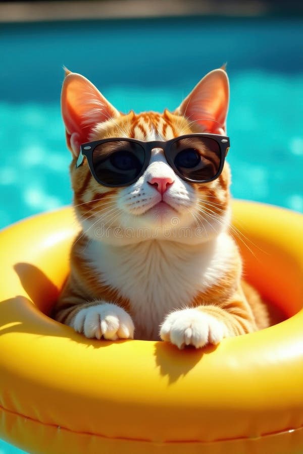Cat with Sunglasses Relaxing on Pool Float, Sunny Day, Lazy, Pet ...