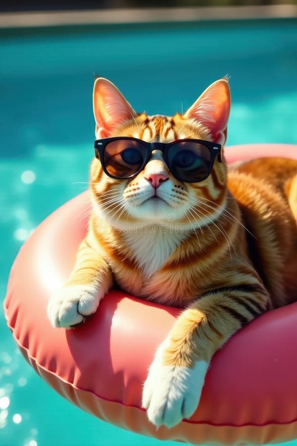Cat with Sunglasses Relaxing on Pool Float, Sunny Day, Lifestyle ...