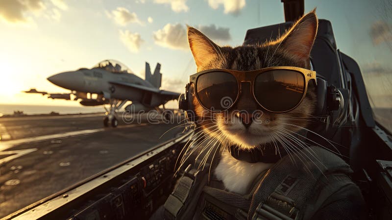 Cat in Sunglasses Sitting in a Fighter Jet Cockpit, Sunset Background ...