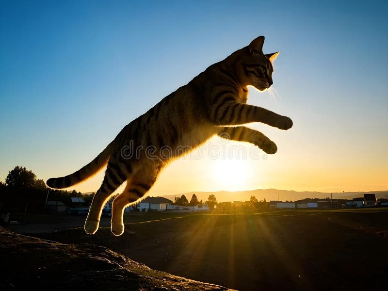 Cat Sunset Jump stock illustration. Illustration of active - 377881460