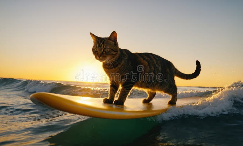 Tabby Cat Standing on a Surfboard in the Ocean Stock Illustration ...