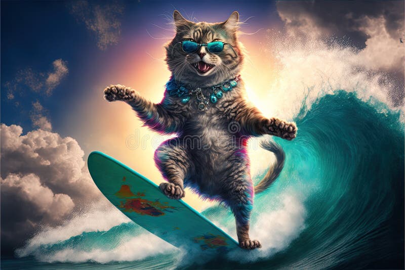 Cat Surfing in Hawaii Like a Pro Surger Illustration Generative Ai ...