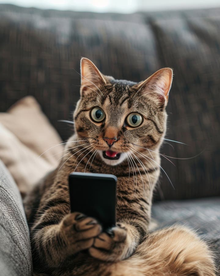 Cat with Surprised Expression Holding a Smartphone Stock Image - Image ...