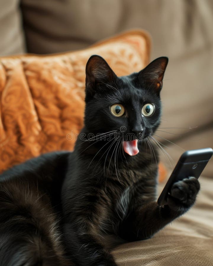 Cat with Surprised Expression Holding a Smartphone Stock Image - Image ...