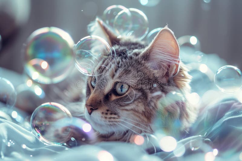 Cat Surrounded by Soap Bubbles. Kitten Playing with Soap Bubbles Stock ...