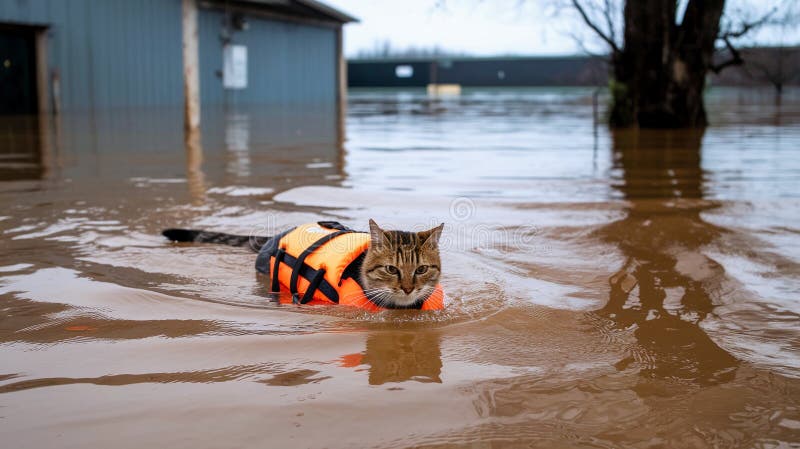 A Cat is Swimming in a Flooded Street Stock Photo - Image of river ...