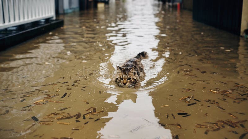 A Cat is Swimming in a Flooded Street Stock Photo - Image of homes ...