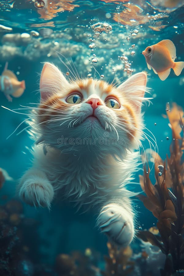 A Cat Swimming in the Ocean with a Fish in the Background Stock Photo ...