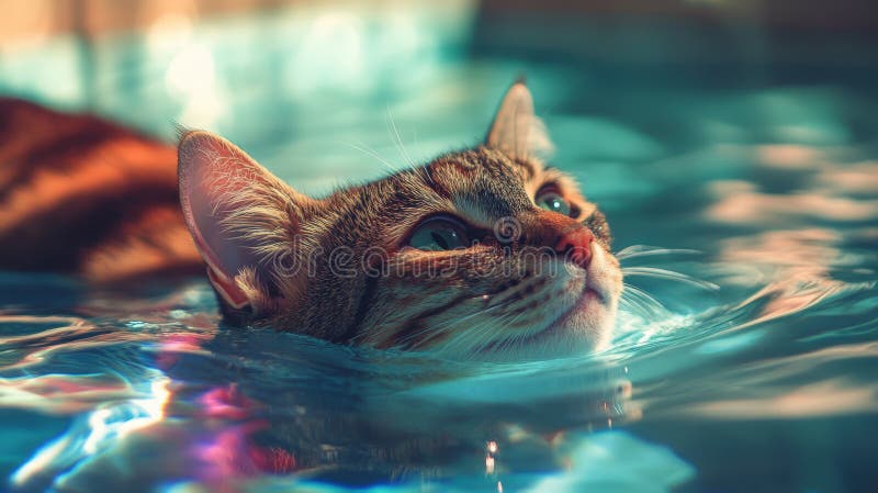Cat Swimming in Water. Selective Focus Stock Photo - Image of open ...
