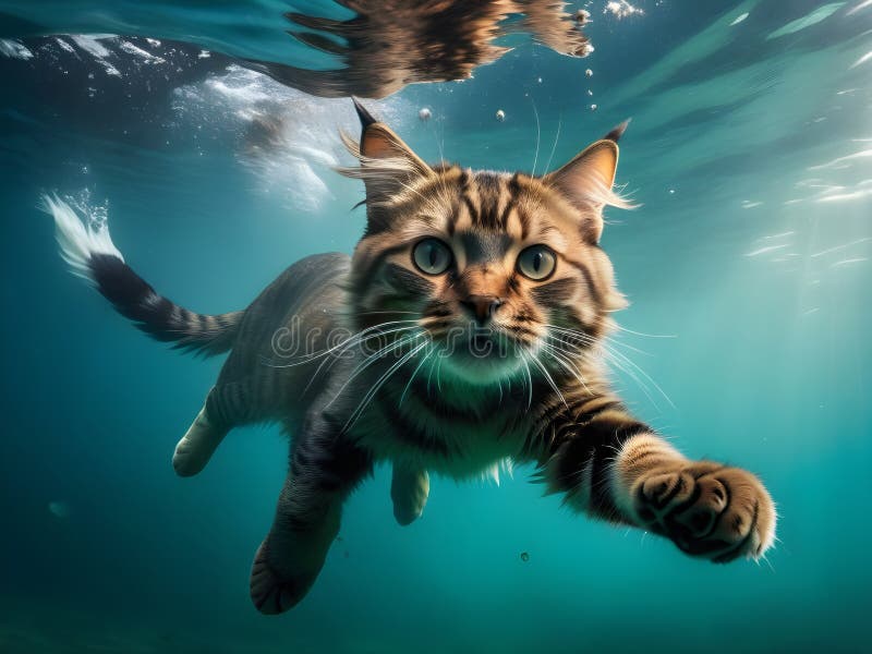 Cat Swims Underwater in Deep Blue Ocean. Stock Image - Image of swim ...