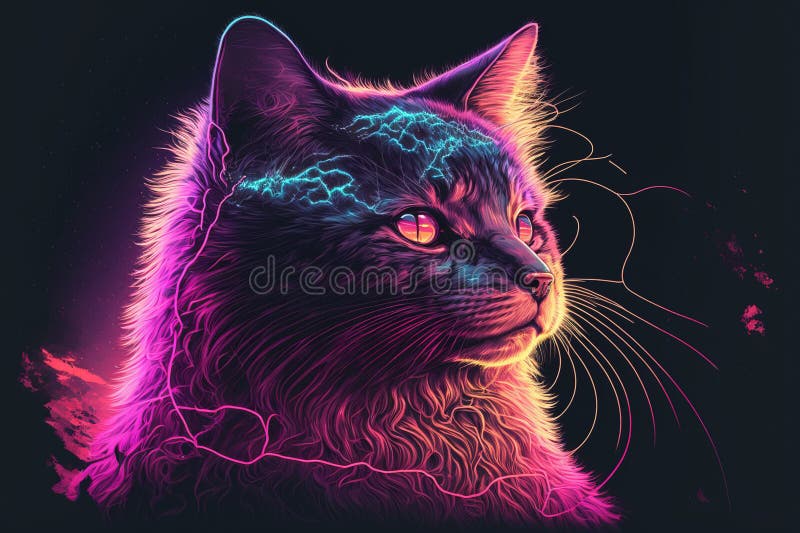 Cat Synthwave Vaporwave Style Under Neon Light Conceptual Character ...