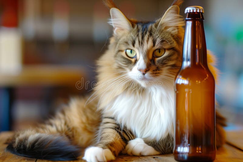 Cat on a Table with a Craft Beer Bottle Stock Image - Image of bottle ...