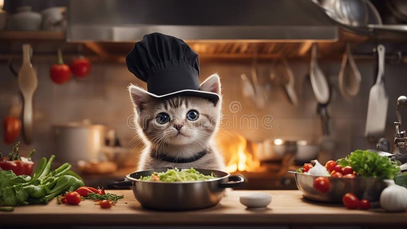 Cat on the Table a Humorous Scene of a Kitten with a Tiny Chef Hat and ...