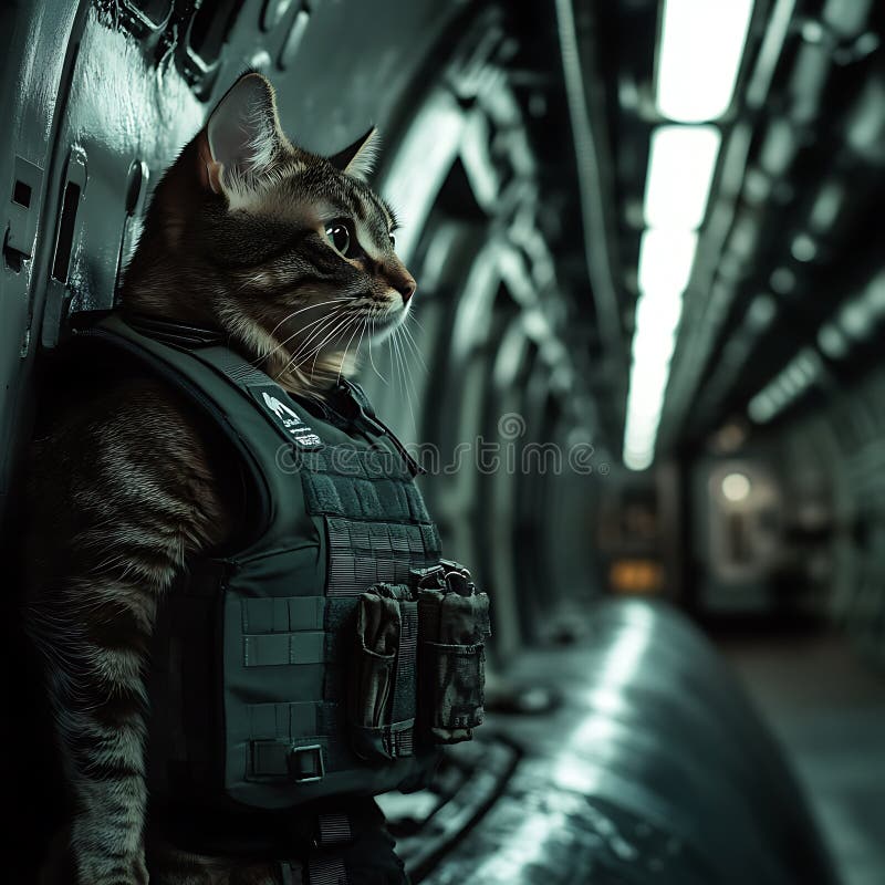 A Cat in a Tactical Vest Stands in a Futuristic Hallway Stock ...