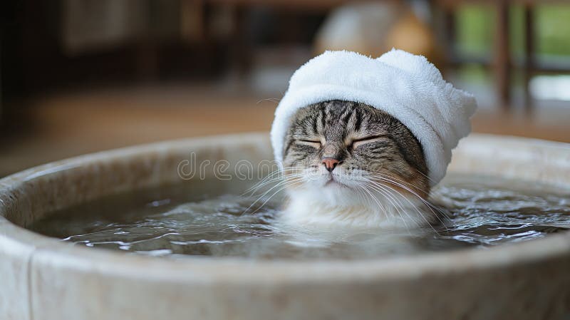 Cat Taking a Bath in a Bathtub with a Towel on His Head Stock ...