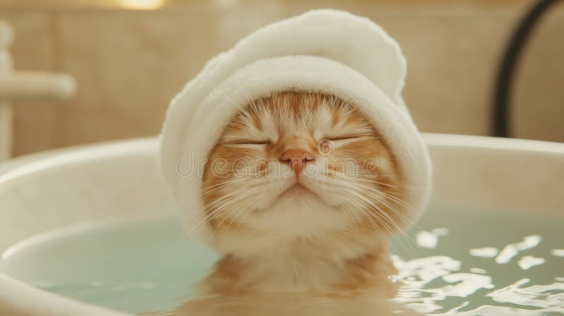 Cat Taking a Bath in a Bathtub with a Towel on His Head Stock ...