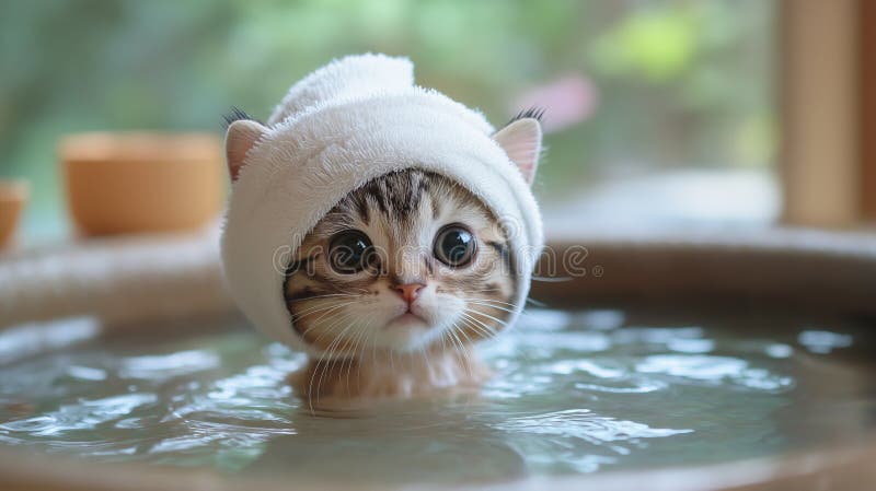 Cat Taking a Bath in a Bathtub with a Towel on His Head Stock ...