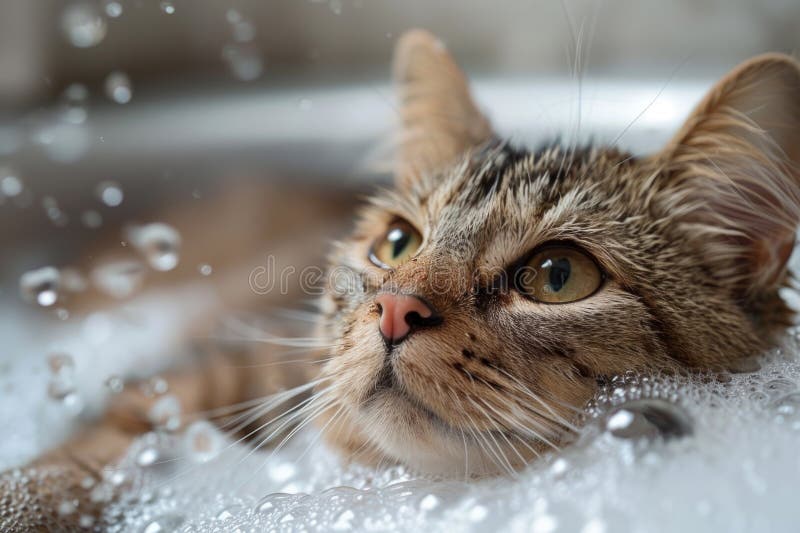 Cat Taking Bath Covered in Soap Suds Looking Up Stock Photo - Image of ...