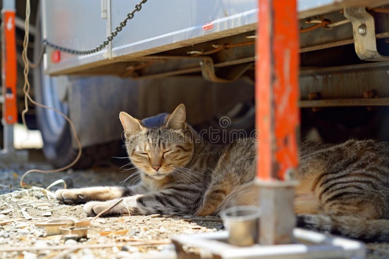Cat Taking a Nap in the Shade of a Parked Construction Trailer Stock ...