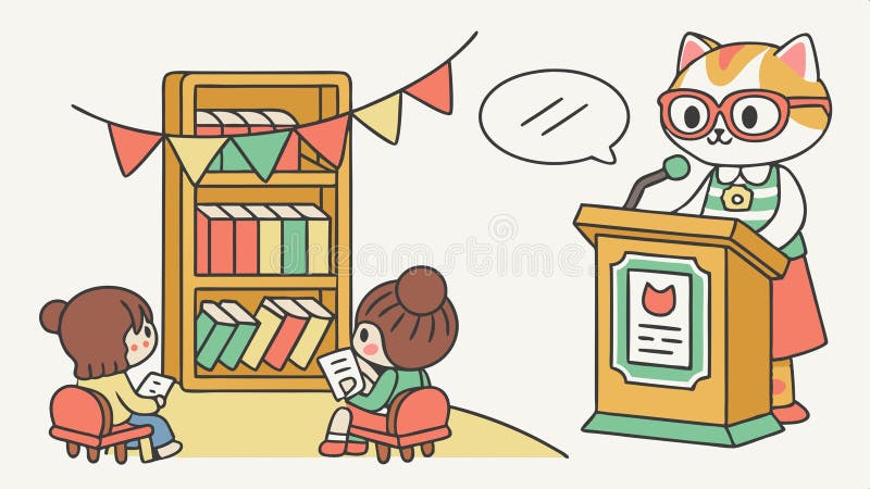 Cat Teacher with Books and Students for Group Learning Environment ...