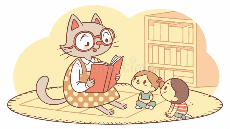Cat Teacher with Kids in Library for Group Reading Session Vector ...