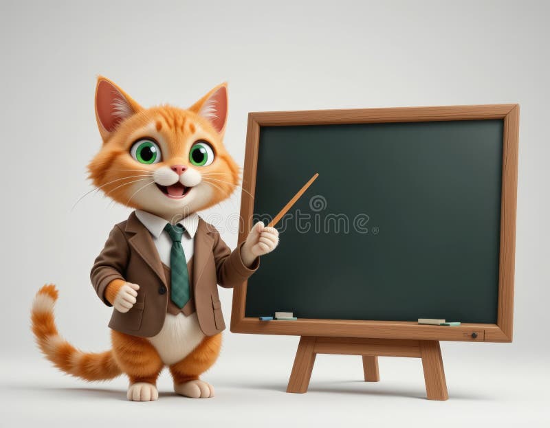 Cat Teacher Presenting Lesson at Chalkboard with Pointer and Chalk ...